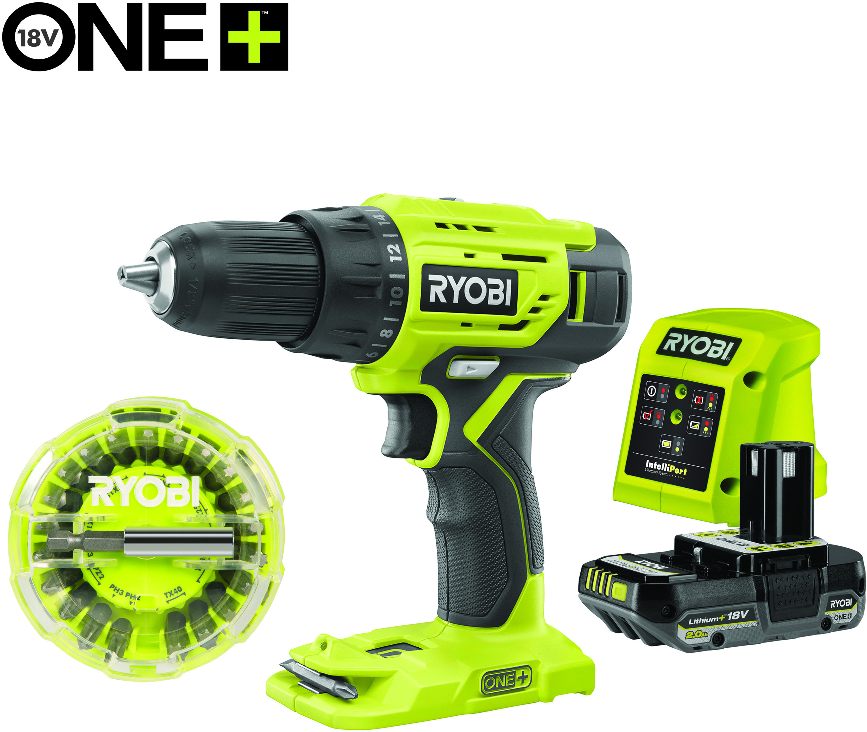 RYOBI R18DD4-1C20CO 18V ONE+ accu-schroefboormachine in kartonnen doos + bitset 22-delig (1x 2 ...