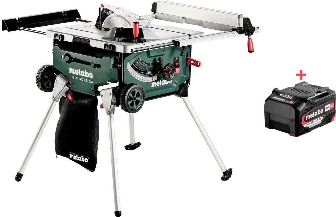 METABO TS 36-18 LTX BL 254 18V accutafelcirkelzaag met onderstel en trolley-functie (4x 8,0Ah ...