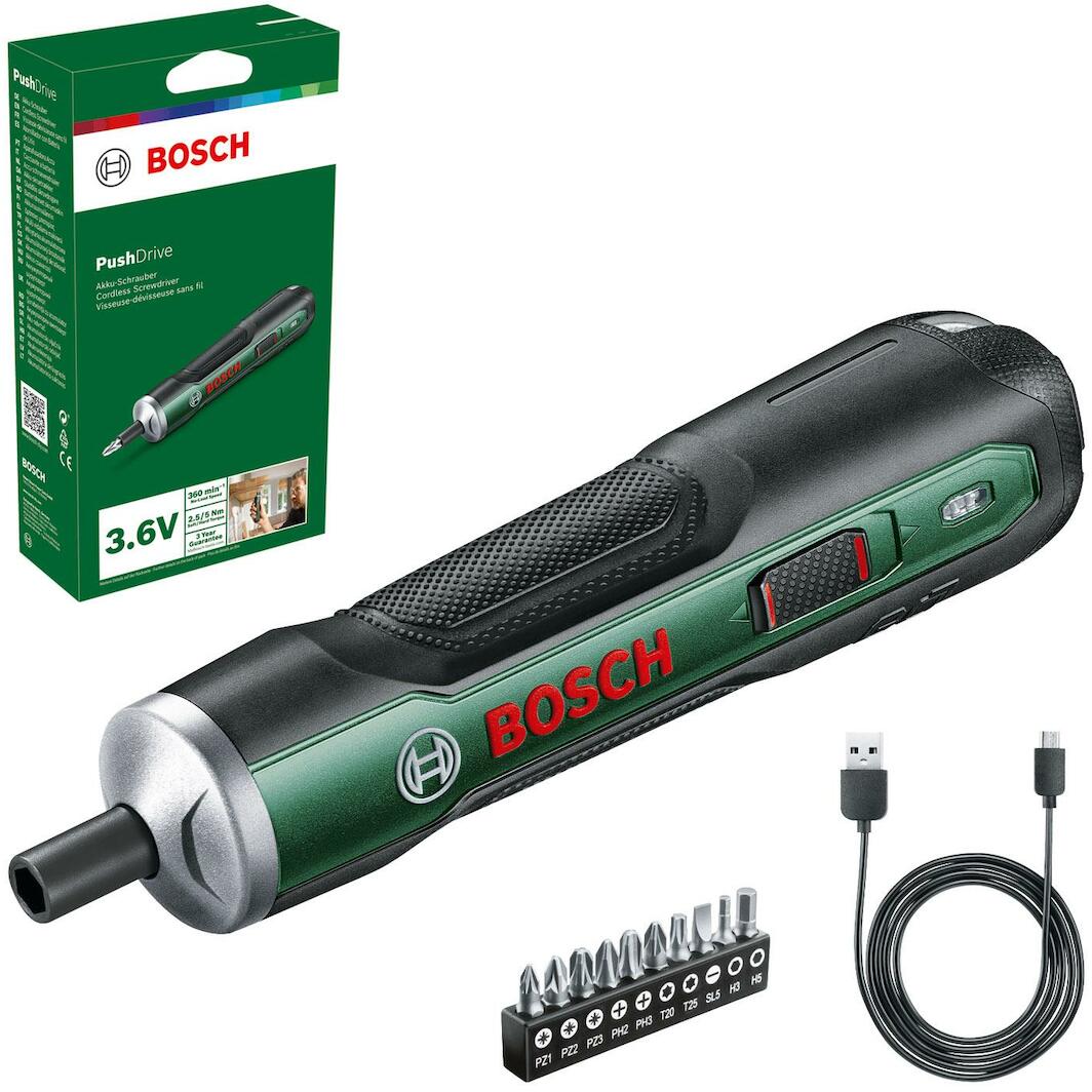 BOSCH PushDrive cordless screwdriver with integrated 3.6V battery + 10 ...