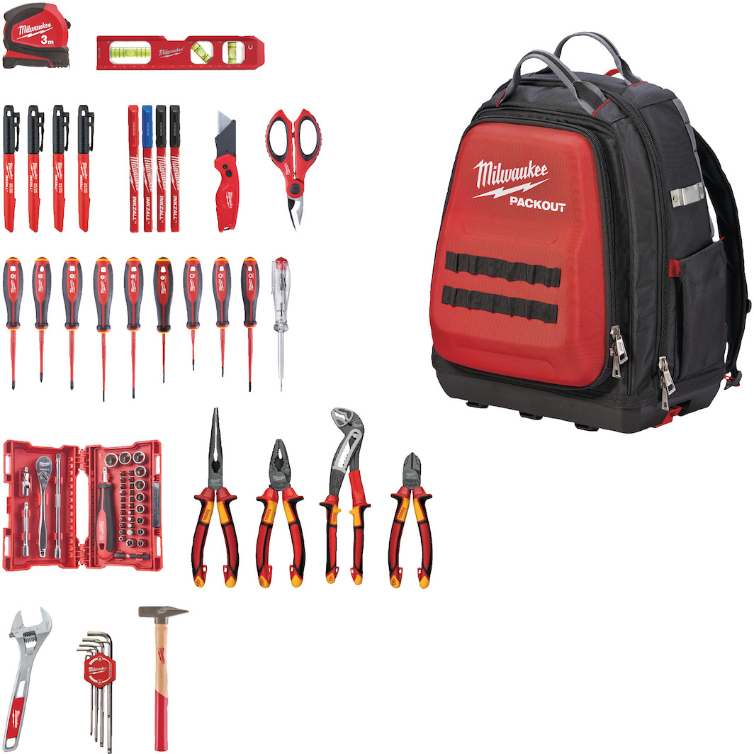 MILWAUKEE 4932498407 PACKOUT rugzak met elektricien set 76-delig | Klium