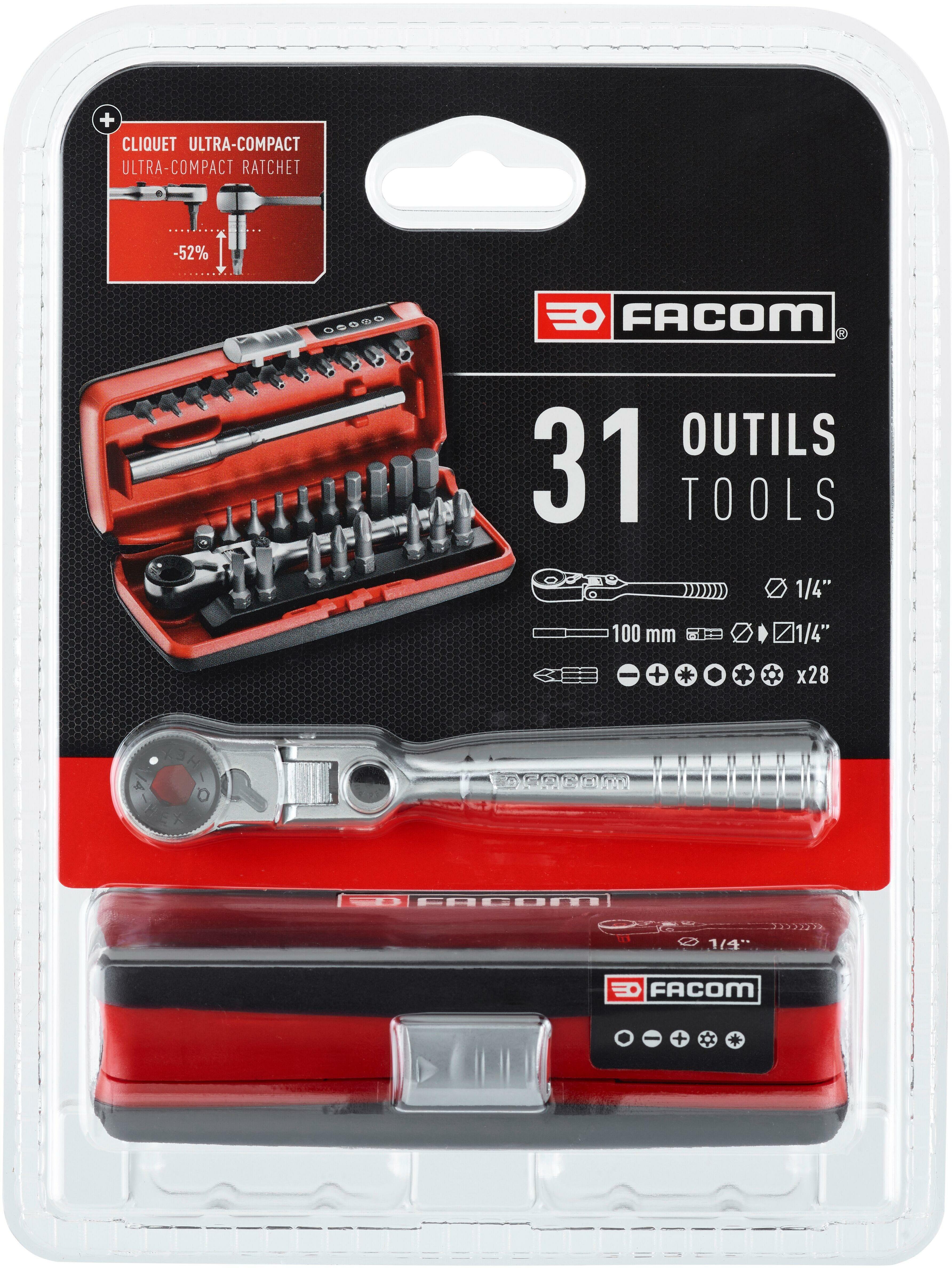 FACOM R.180J31PB bitset 1/4" 31-delig + ratel met 180° flexibele kop ...
